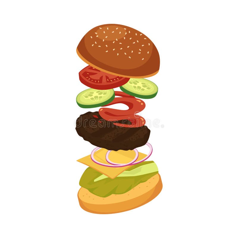 Jumping Burger Ingredients and Ads Flat Vector Illustration Isolated on ...