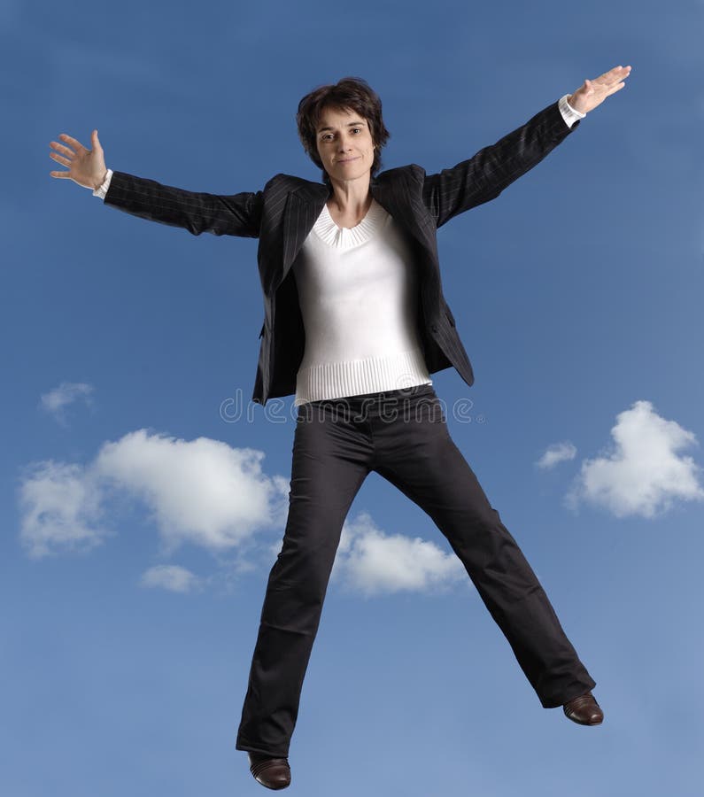 Jumping business woman stock photo. Image of arms, suit - 9795866