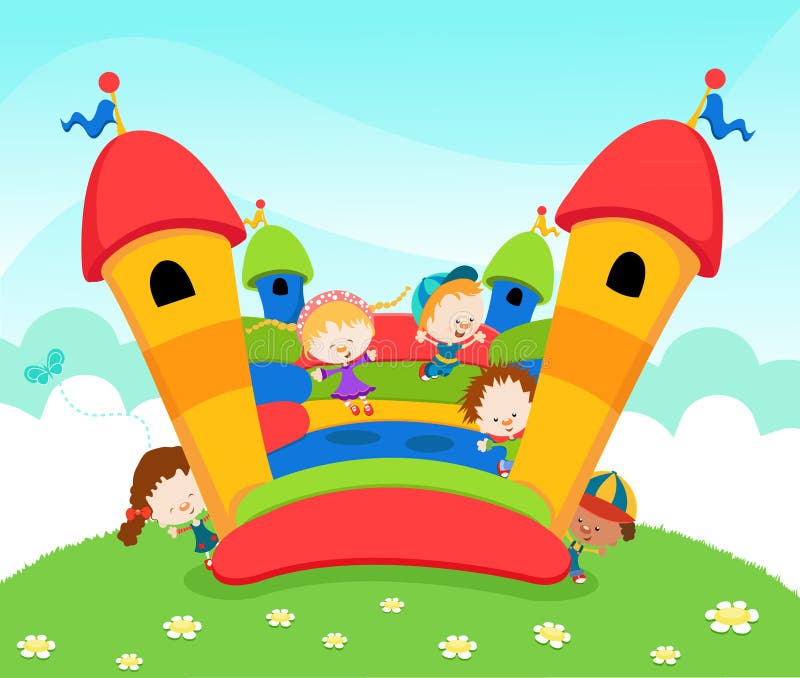 Cute Kids Jumping on a Bouncy Castle Set. Stock Vector - Illustration ...