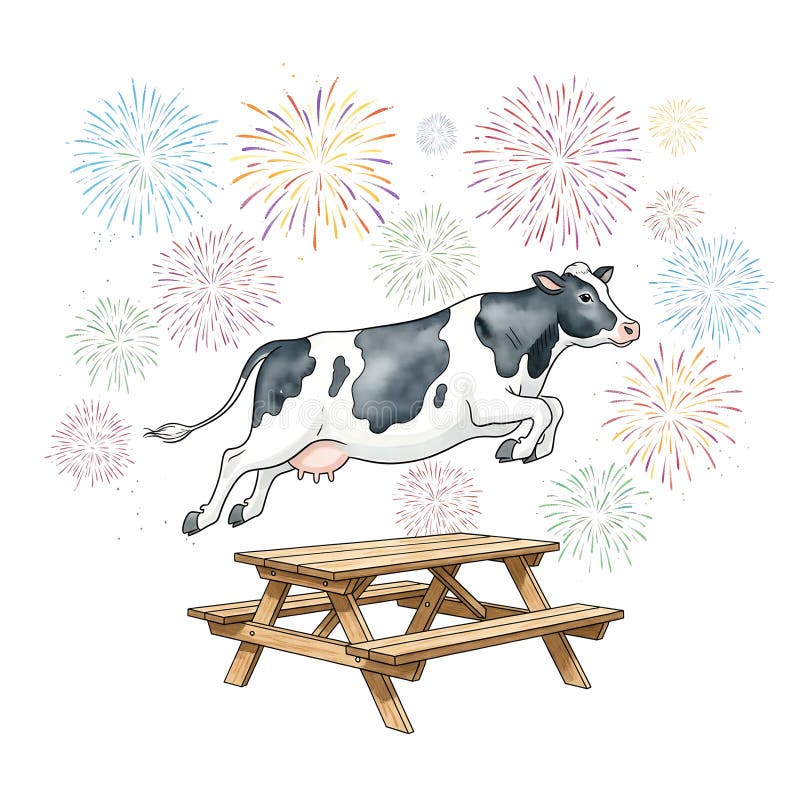 Jumping Cow with Fireworks Picnic Table Illustration Isolated on White ...