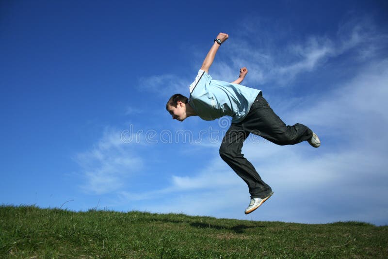 Jumping crazy boy stock image. Image of blue, outside - 5047359