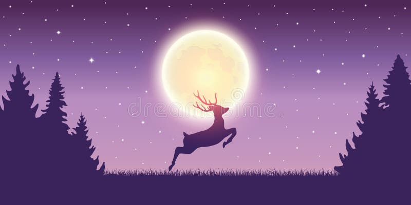 Jumping Deer in the Nature by Moon Light Stock Vector - Illustration of ...
