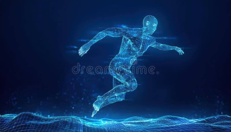 Jumping Figure in Wireframe Design Makes a Dynamic Splash into Water ...