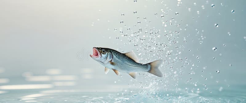 Jumping Fish with Open Mouth in Clear Water with Splashing Droplets ...