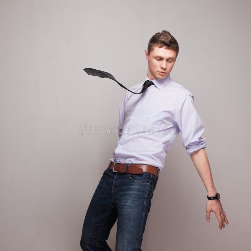 Jumping Guy with Flying Tie Stock Image - Image of portrait, happy ...