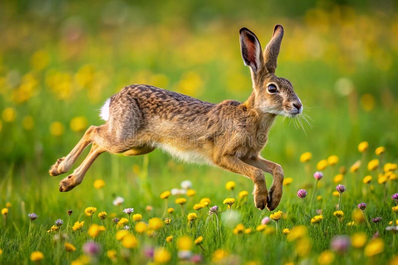 Jumping Hare in Spring Meadow Stock Illustration - Illustration of ...