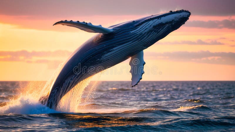 Jumping Humpback Whale Over Water in Sunset Lights. AI Generated Stock ...