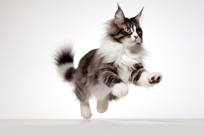 Jumping Moment, Norwegian Forest Cat Cat on White Background Stock ...
