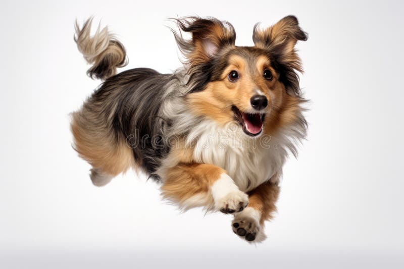 Jumping Moment, Shetland Sheepdog Dog on White Background Stock ...