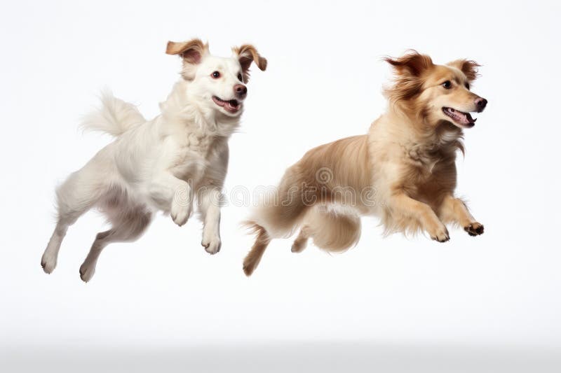 Jumping Moment, Two American Curl Dogs on White Background Stock ...