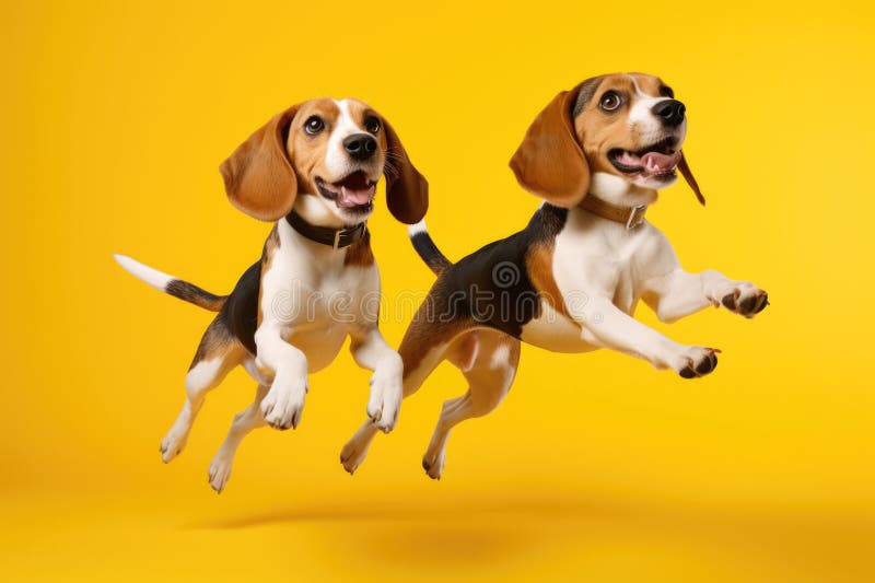 Jumping Moment, Two Beagle Dogs on Yellow Background Stock Illustration ...