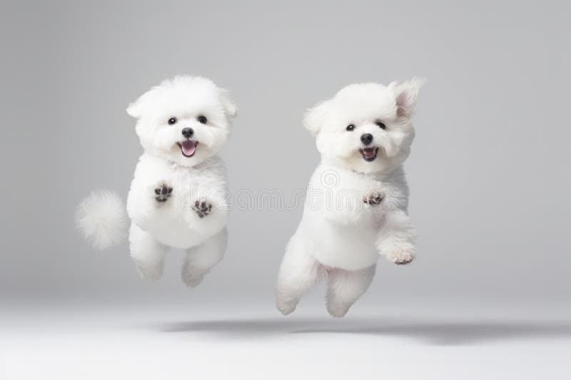 Jumping Moment, Two Bichon Frise Dogs on White Background Stock ...