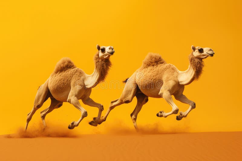 Jumping Moment, Two Camel on Yellow Background Stock Illustration ...