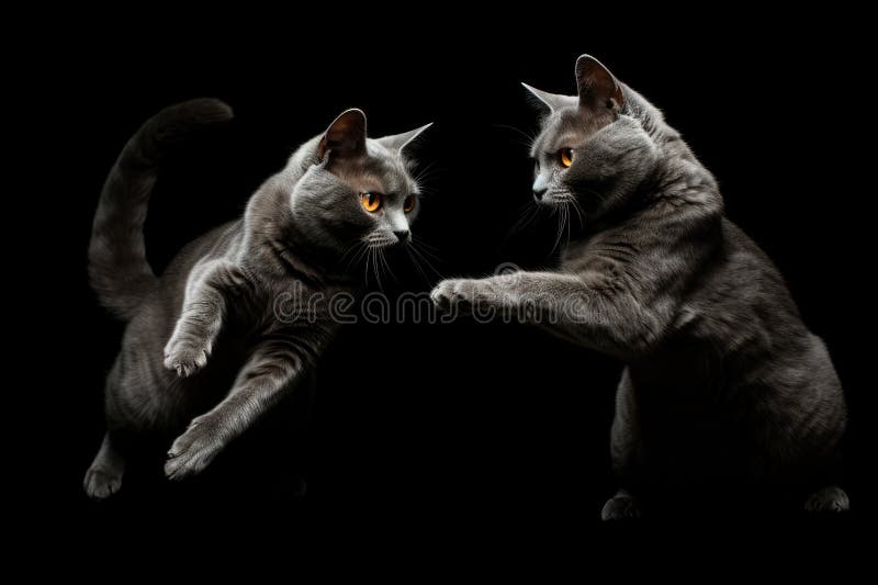 Jumping Moment, Two Chartreux Cats on Black Background Stock ...