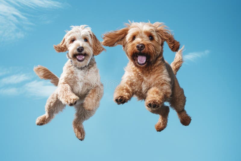 Jumping Moment, Two Labradoodle Dogs on Sky Blue Background Stock ...