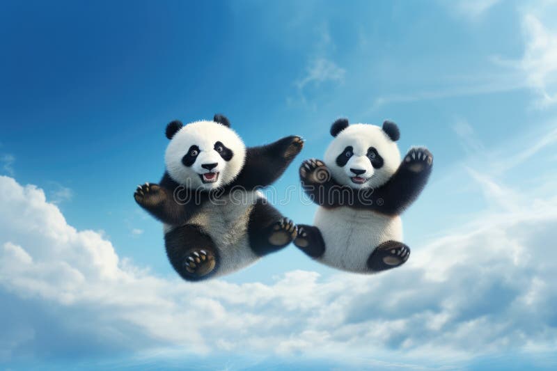 Jumping Moment, Two Panda on Sky Blue Background Stock Illustration ...