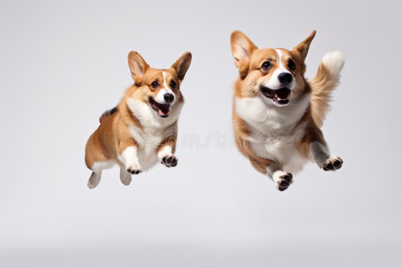 Jumping Moment, Two Welsh Corgi Dogs on White Background Stock ...