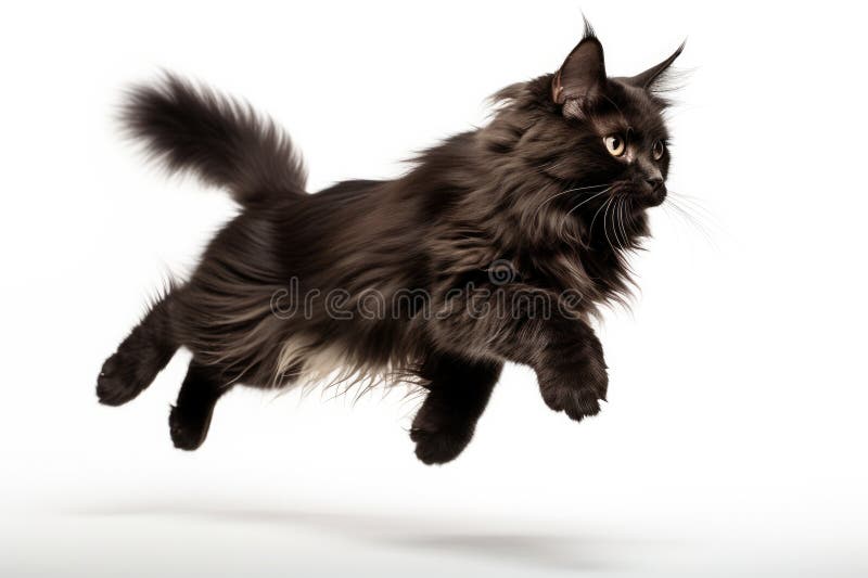 Jumping Moment, York Chocolate Cat on White Background Stock ...