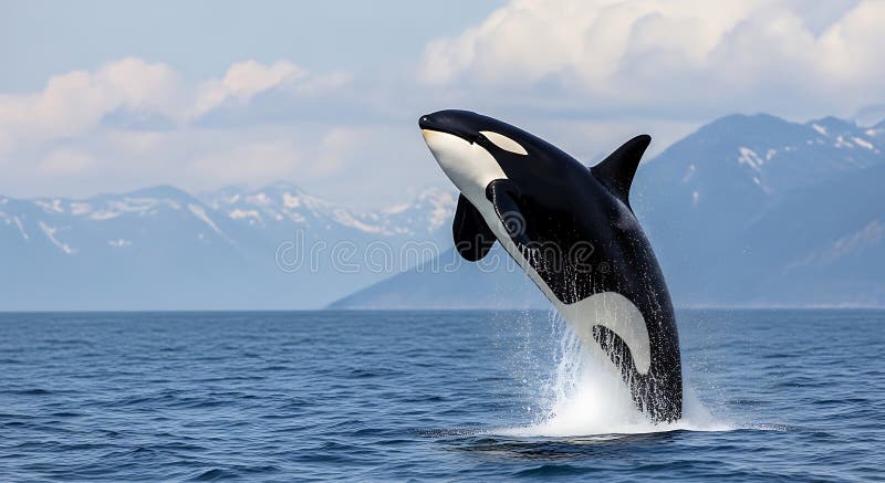 Jumping Orca Whale Splashing in Ocean Water with Mountain Backdrop ...