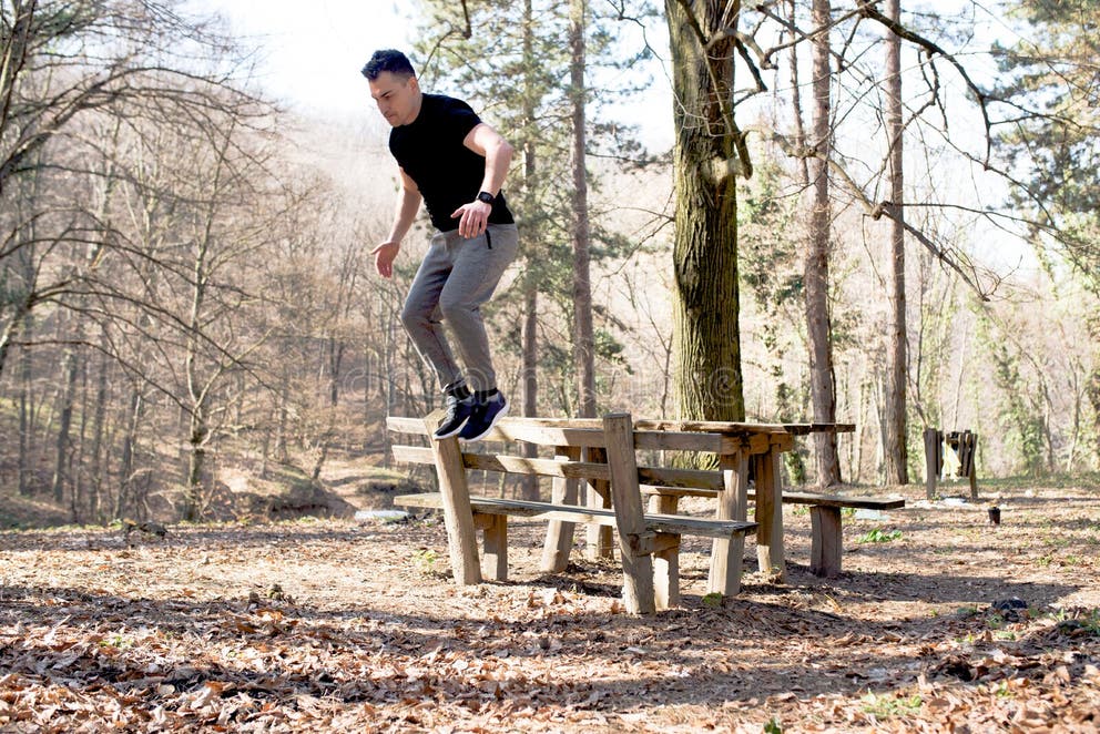Jumping Over the Bench, Exercise Stock Photo - Image of outdoors ...