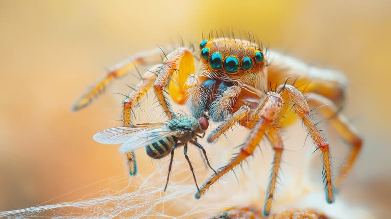 Close-up of Jumping Spider Catching and Eating a Fly on a Cobweb with ...