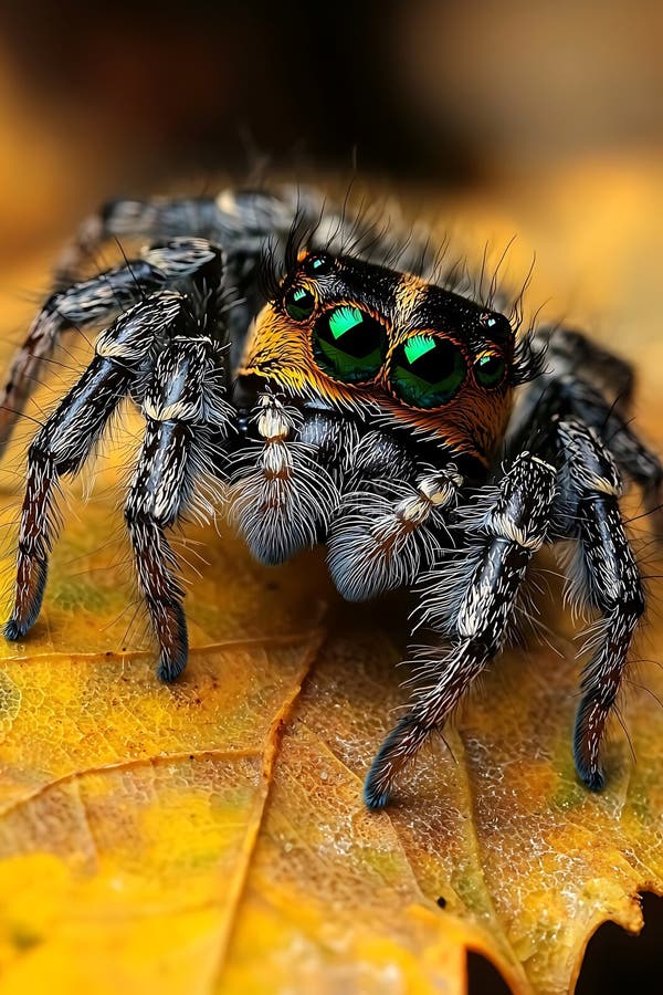 Jumping Spider on Leaf Macro, Furry Body and Bright Eyes Against a ...