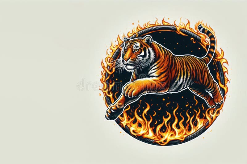 A Jumping Tiger in a Ring of Fire. Space for Text. Stock Image - Image ...