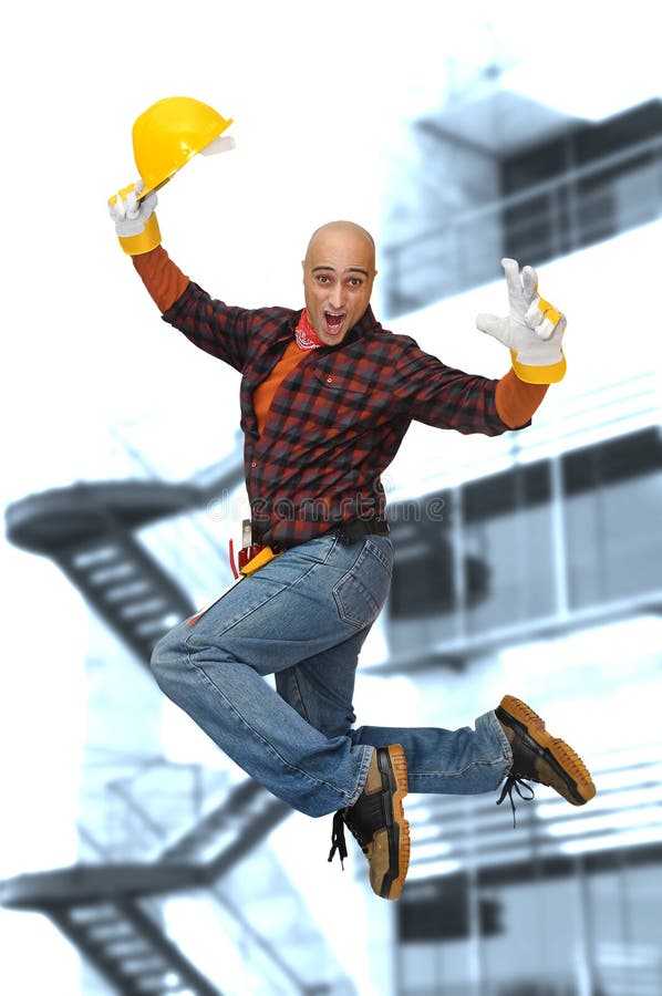 Jumping worker stock photo. Image of jeans, white, builder - 13464466
