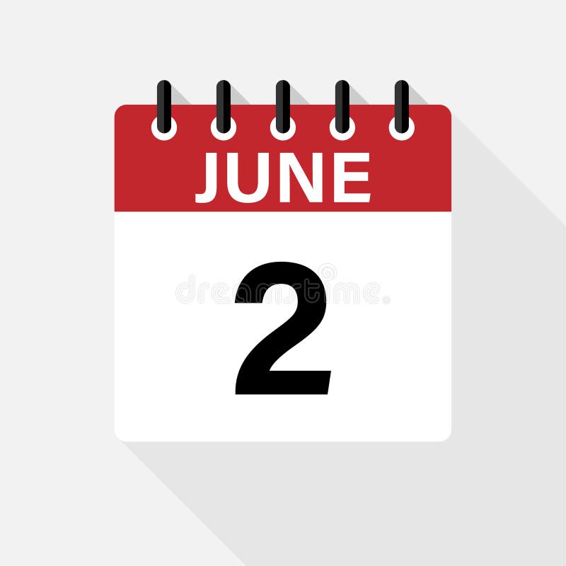 June 2 Calendar Icon. Calendar Icon with Shadow. Flat Style. Date, Day ...