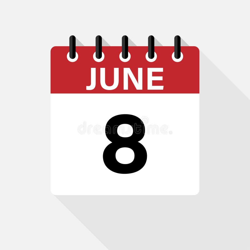 June 8 Calendar Icon. Calendar Icon with Shadow. Flat Style. Date, Day ...
