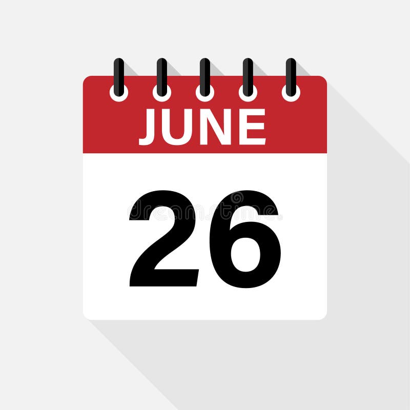 June 26 Calendar Icon. Calendar Icon with Shadow. Flat Style. Date, Day ...