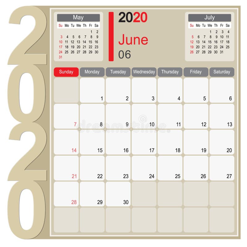 June 2020 Calendar Monthly Planner Design Stock Vector - Illustration ...