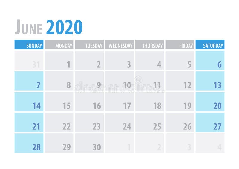 June. Calendar Planner 2020 in Clean Minimal Table Simple Style. Vector ...
