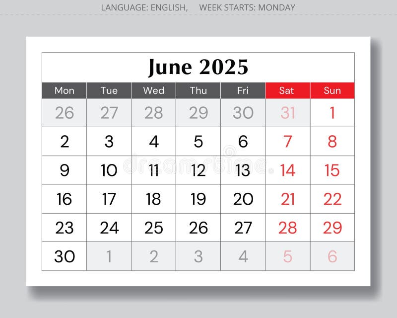 2025 June Calendar. Vector English Monthly Page. Design Monday Start ...