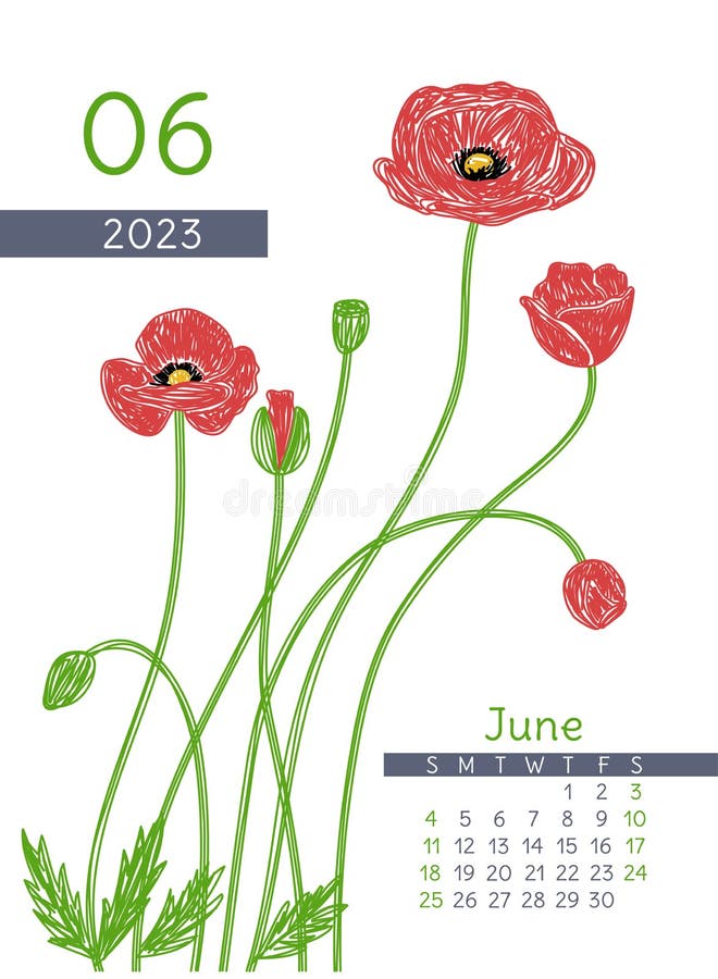 June Calendar 2023 Year Poppy Botanical Illustration Calender Design