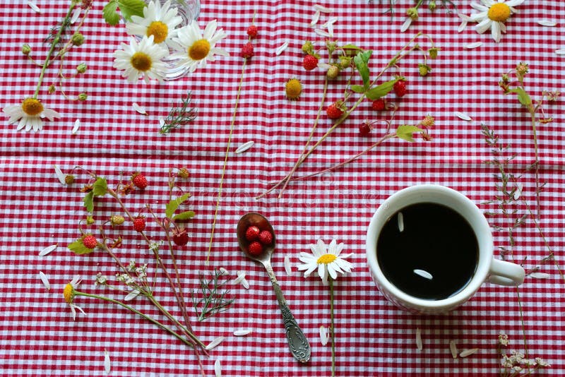 June coffee stock image. Image of linen, little, strawberries - 152240381