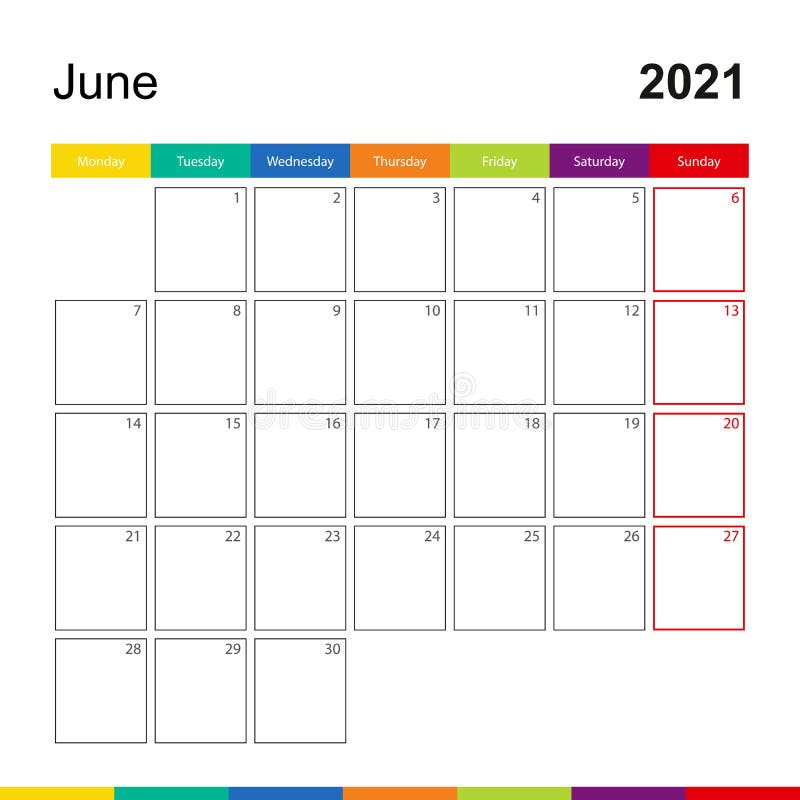 June 2021 Colorful Wall Calendar, Week Starts on Monday Stock Vector ...
