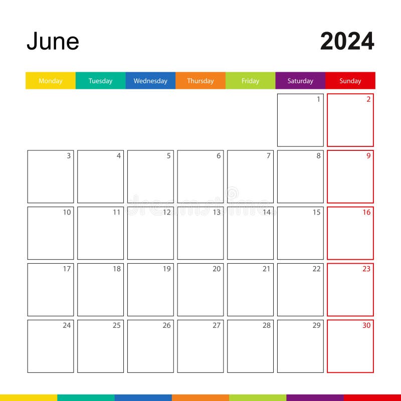 June 2024 Colorful Wall Calendar, Week Starts on Monday Stock Vector ...