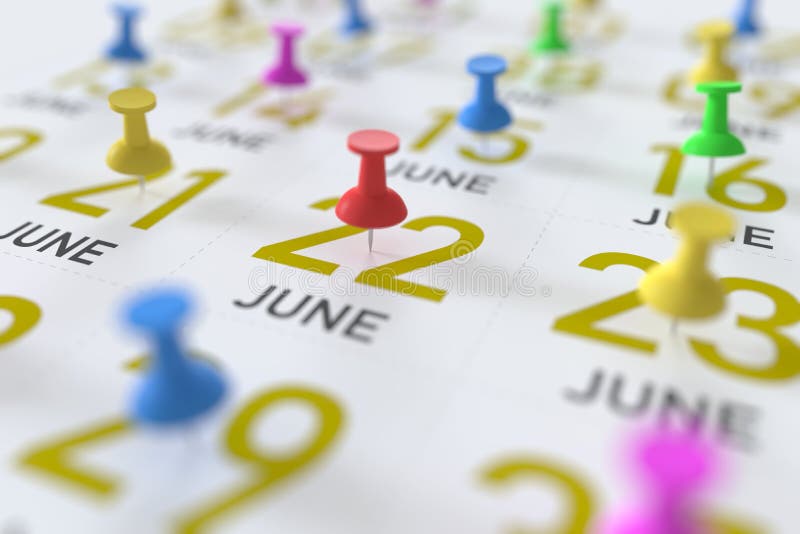 June 22 Date and Push Pin on a Calendar, 3D Rendering Stock ...