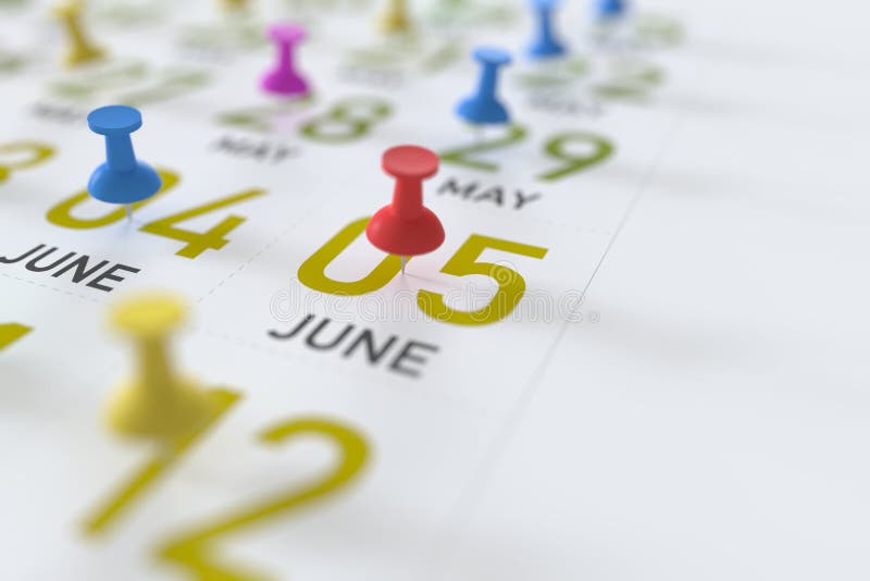 June 5 Date and Push Pin on a Calendar, 3D Rendering Stock Illustration ...