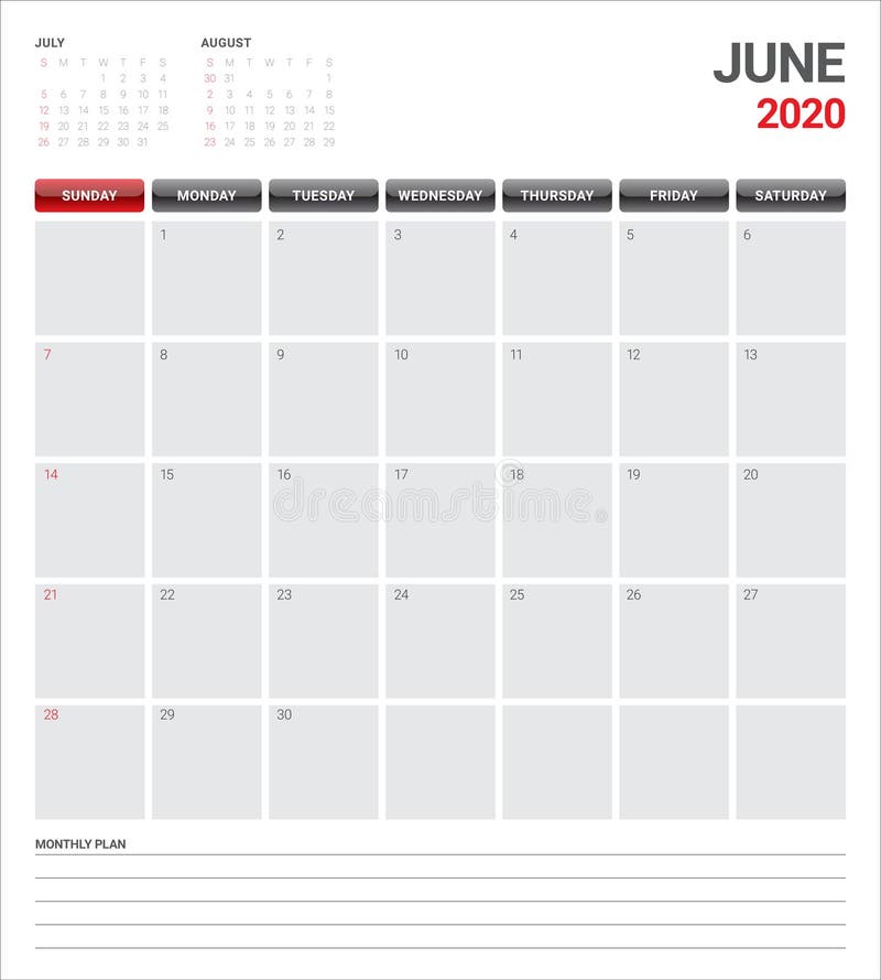 June 2020 Calendar Template, Desk Calendar Layout Size 8 X 6 Inch ...