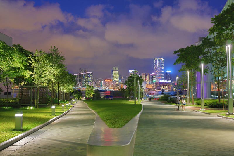 28 June 2013 Pedestrian Walkway in Park at Night, Tamar Park Editorial ...