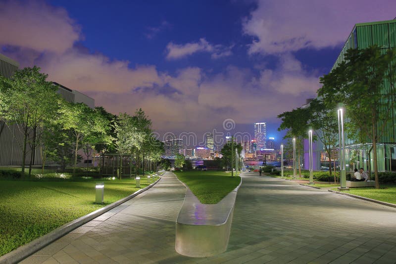 28 June 2013 Pedestrian Walkway in Park at Night, Tamar Park Editorial ...