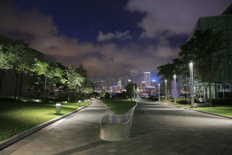 28 June 2013 Pedestrian Walkway in Park at Night, Tamar Park Editorial ...