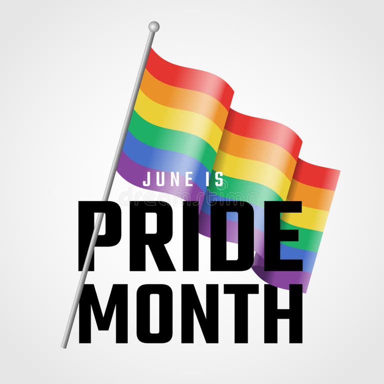 June is Pride Month - Text and Rainbow Pride Flag with Waving on Pole ...