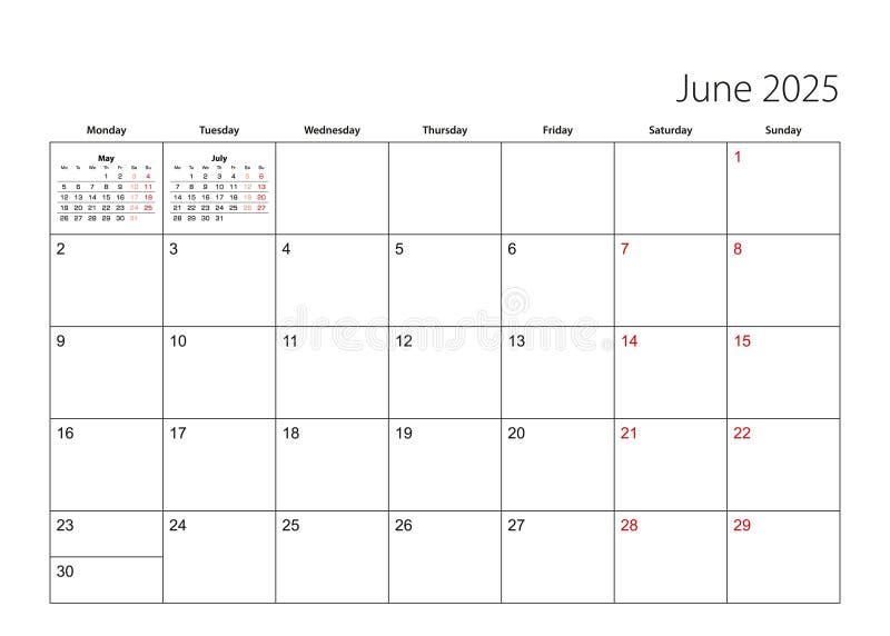 June 2025 Simple Calendar Planner, Week Starts from Monday Stock Vector ...