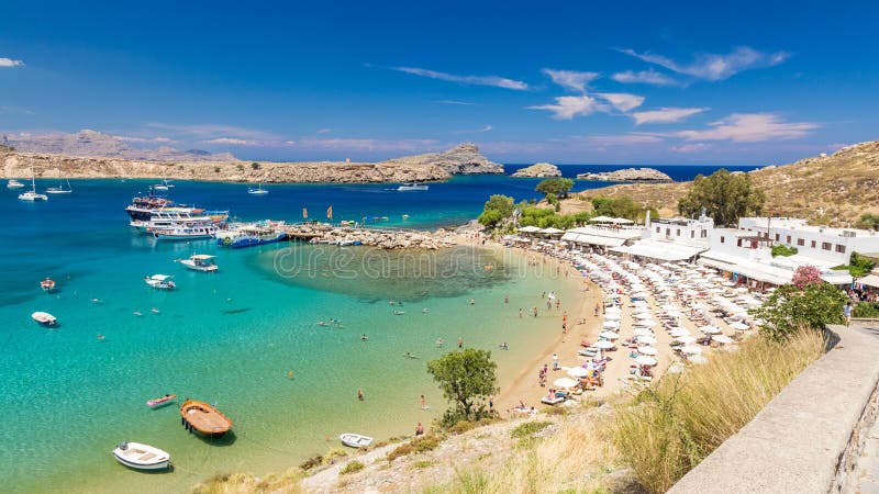 21 JUNE 2017. View of the Beach in Lindos Town. Rhodes, Greece ...