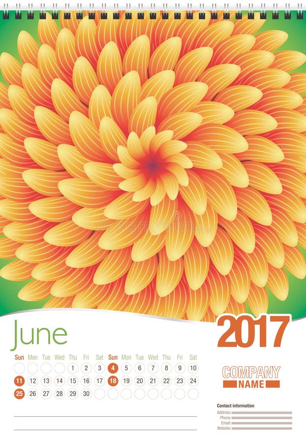 June Wall Calendar 2017 Template with Abstract Floral Design, Ready for ...