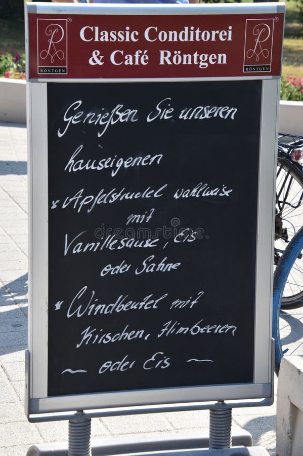 June 8, 2018 - Warnemunde, Germany: Menu Sign for German Cafe As ...