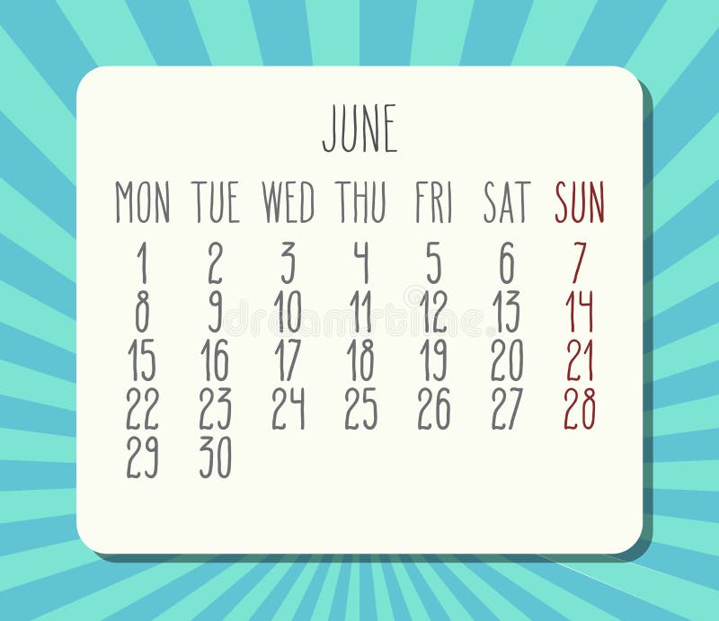 June Year 2020 Monthly Bright Rays of Light Calendar Stock Vector ...